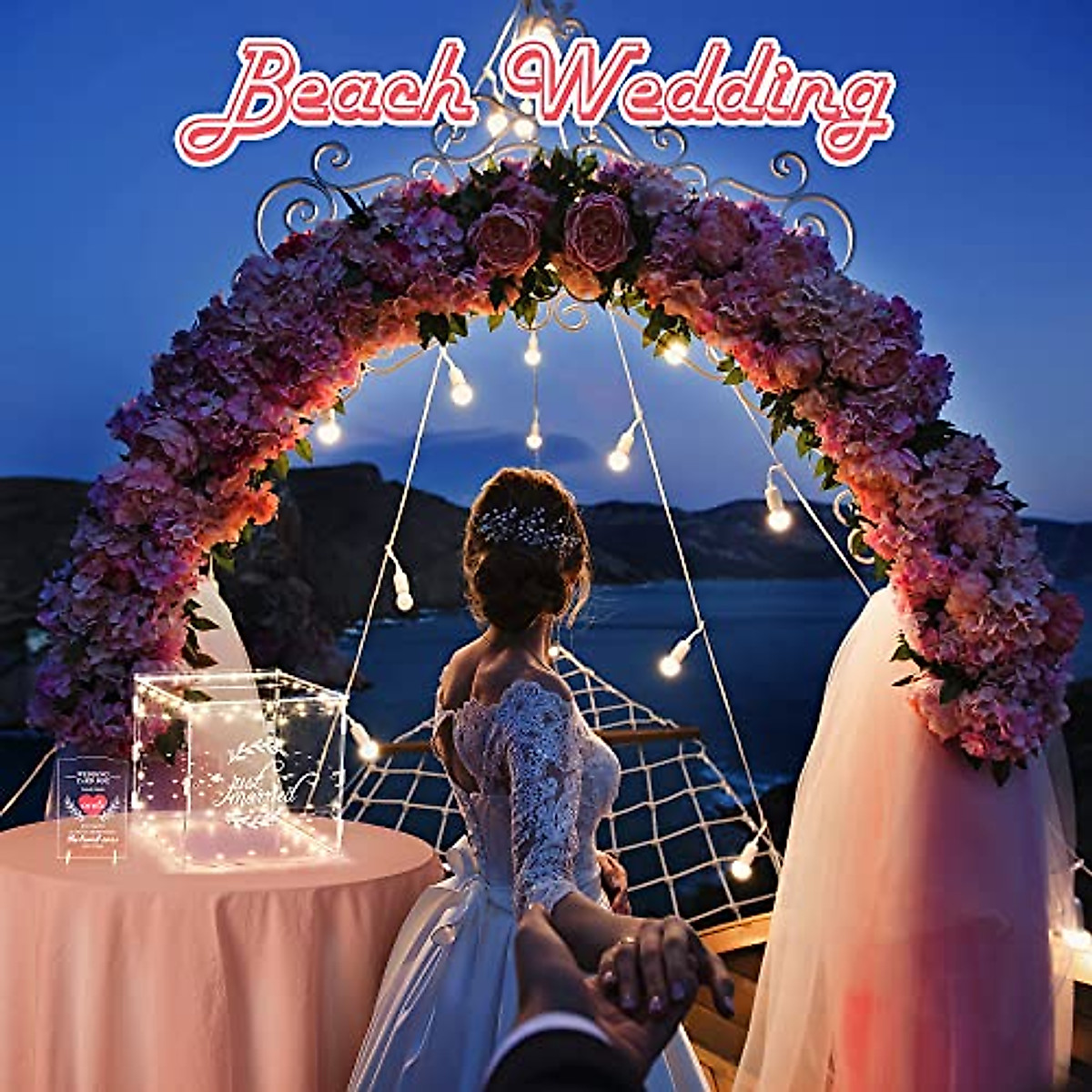 Meonum Acrylic Wedding Card Box for Reception Just Married Clear Wedding Card Holder with 8 Modes String Light and Card Sign, DIY Envelope Gift Card Container with Lock for Bridal Decoration