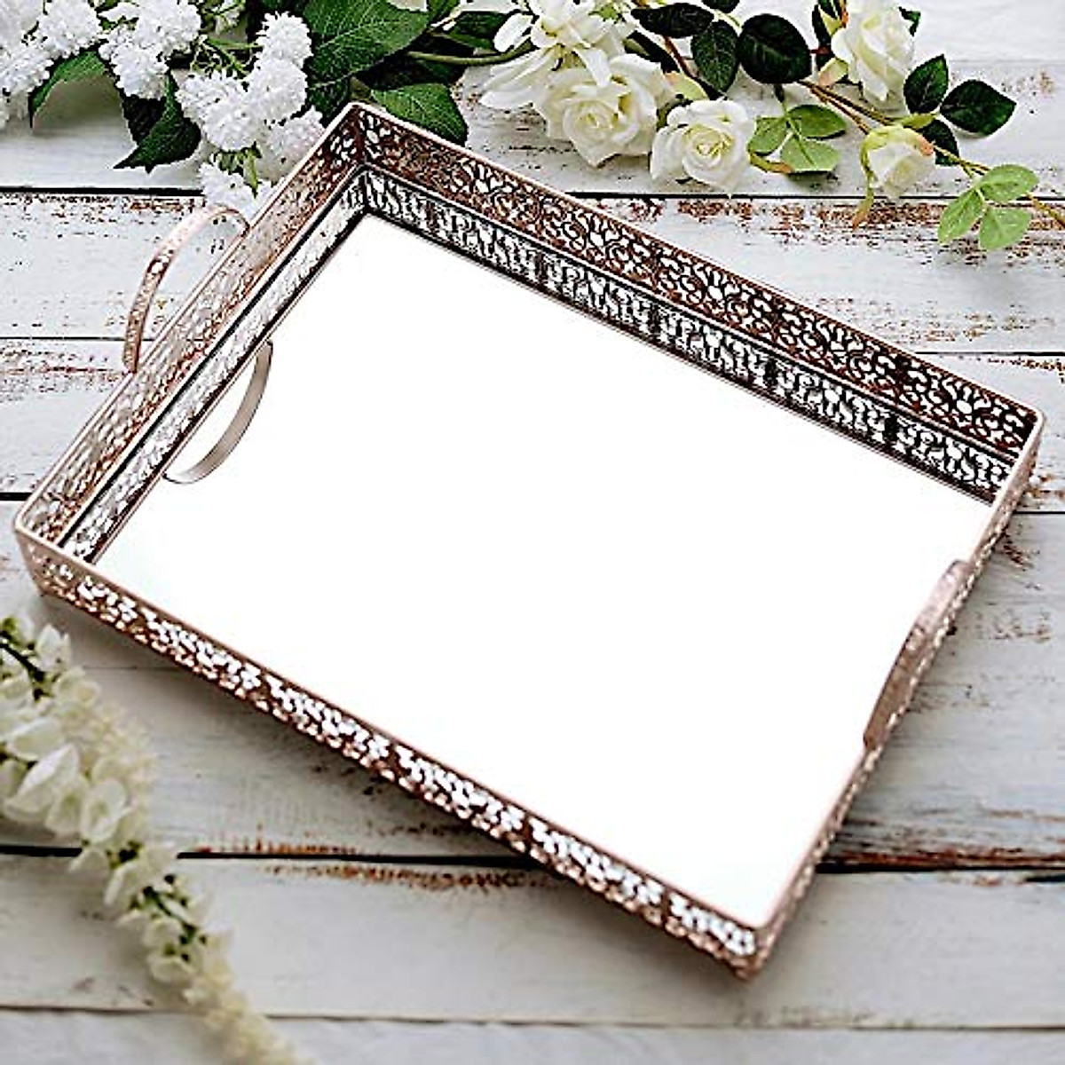 BalsaCircle 16x12-Inch Rose Gold Metal Rectangle Fleur De Lis Trim Decorative Mirror Serving Tray Wedding Party Dessert Centerpieces