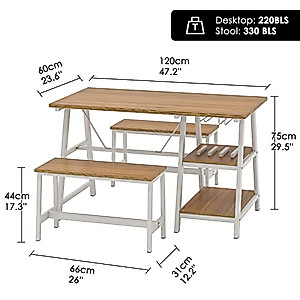 SogesPower 3-Piece Dining Table Set, Breakfast Table with 2 Benches, 4-Person Space-Saving Table Set for Kitchen Dining Room Living Room Restaurant, 47" Oak