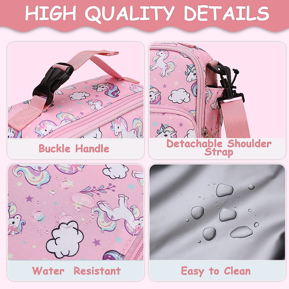 RAVUO Lunch Bag for Girls, Insulated Lunch Box for Kids Cute Unicorn Reusable Lunch Tote with Detachable Shoulder Strap and Buckle Handle