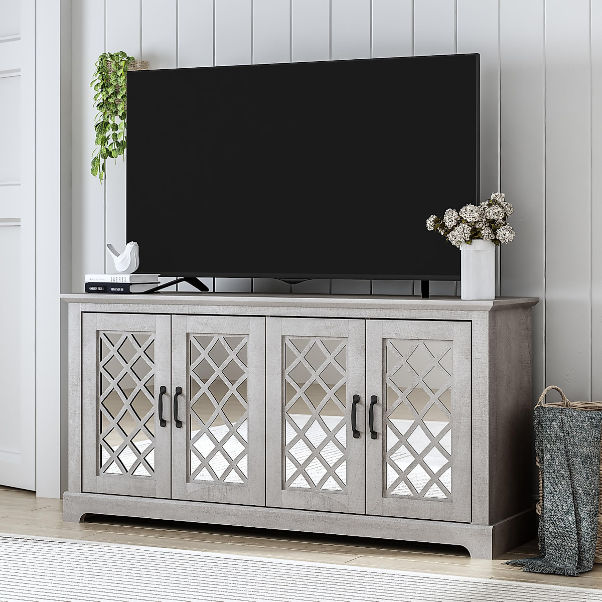 Galano Millicent 65 Inch TV Stand with Storage, Entertainment Center for Living Room, Boho Decor, Cabinet Organizer, 15.7" D x 59.1" W x 29.3" H, Dusty Grey Oak