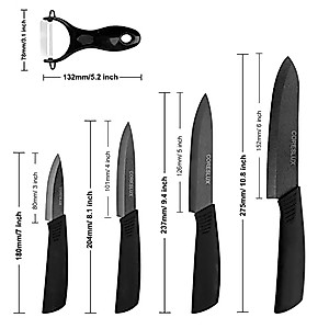 CORESLUX Ceramic knife, 6 Piece Ceramic Kitchen Knife Set, Ceramic Knives Set for Kitchen 6" Chef Knife 5" Utility Knife 4" Fruit Knife 3" Paring Knife 1'' Vegetable Fruit Peeler(Black)