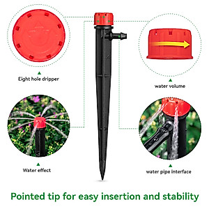 La Farah 100pcs Drip Irrigation Emitters for 1/4" Drip Irrigation Tubing,Adjustable 360 Degree Water Flow Drippers on 5" Arrow Stake, Garden Irrigation Drippers for (4-7mm) Watering System Kit