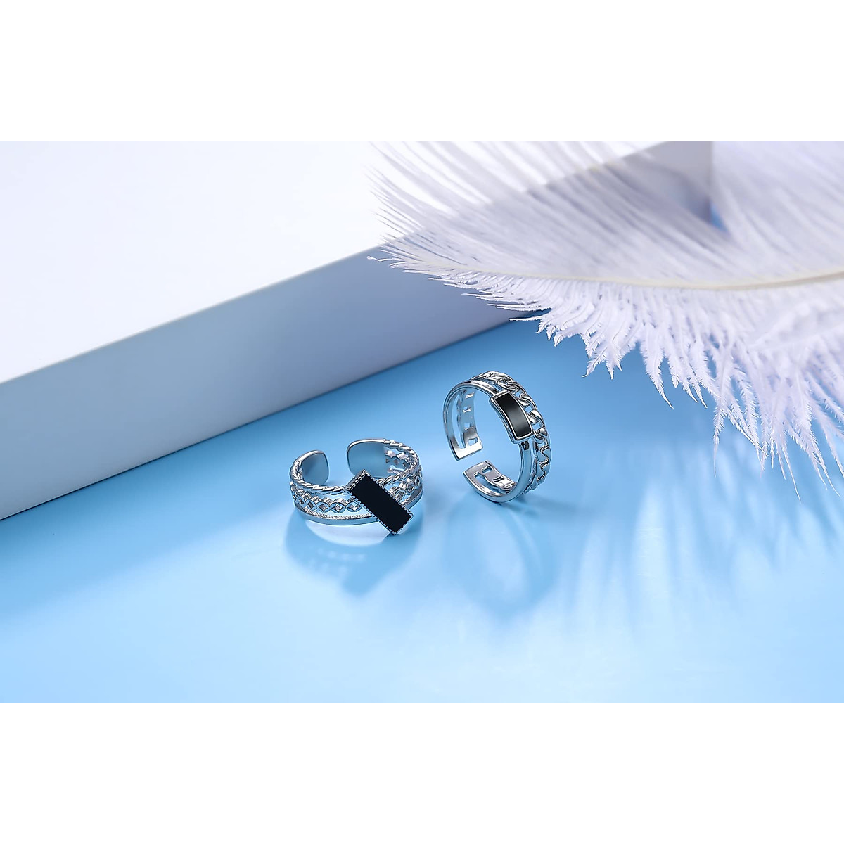 Gbinitail 3Pcs Trendy & Punk Adjustable Ring Set for Women and girls - Platinum-Plated, Stackable, Enamel & Hollow Silver Rings, sizes 5.5 to 7.5