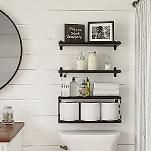 WOPITUES Floating Shelves Wall Mounted, Wood Bathroom Shelves with Extra Storage Shelf, Rustic Wall Shelves for Bathroom, Bedroom, Kitchen, Living Room, Plants - Black