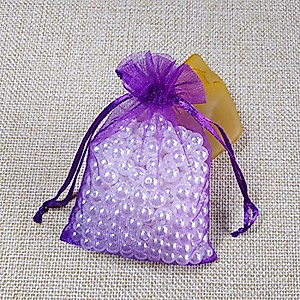 Jwenic 100 Pc Gift Organza Bags 5x7 Purple Inch Drawstring Sheer Fabric Wrap Glitter Soap Sachet for Jewelry Key Chain Cedar Baby Shower Christmas Party Favors Wedding Flat Summer Dry Lavender Flowers