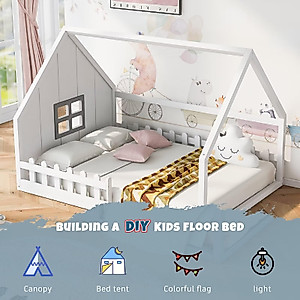 Merax Full Size House Bed for Kids,Wood Montessori Floor Bed with Fence and Window,Full Floor Bed with Rails for Girls Boys, White