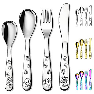 Berglander Toddler Utensils 4 Pieces Stainless Steel Kids Silverware Set, Children Safe Forks and Spoons Flatware, Mirror Polished Smooth Round Edage Cutlery Sets, Dishwasher Safe