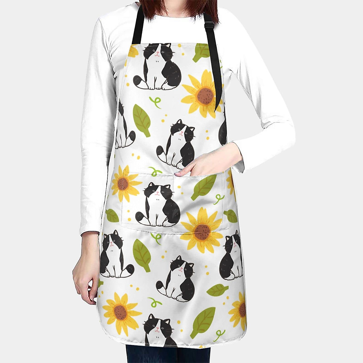 Wisedeal Cat and Sunflower Adjustable Bib Neck Apron Polyester with 2 Pockets Cooking Kitchen Aprons for Men and Women Chef, Mom Aunt Apron for Christmas Birthday Gifts for Grilling BBQ Chef Apron