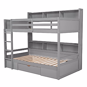BIADNBZ Twin Size Bunk Bed with Built-in Shelves and Storage Drawer, Wooden Bunkbed for Kids/Teens Bedroom, No Spring Box Needed, Twin Over Twin Size, Gray