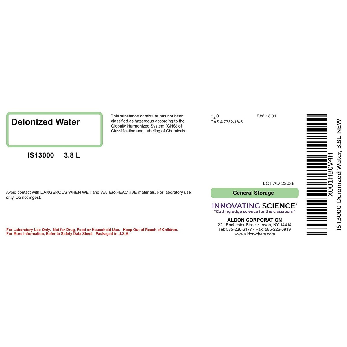 Deionized Water, 3.8L (1 Gallon) - Biotechnology (Reagent) Grade - Demineralized - IS13000 - The Curated Chemical Collection by Innovating Science