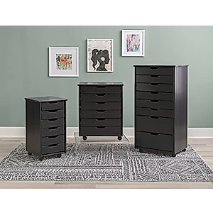 Linon Rolling Storage Corinne Cart, Six Wide Drawers, Black Wide