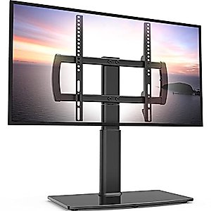 Universal Swivel TV Stand/Base Table Top TV Stand 27 to 60 inch TVs 80 Degree Swivel, 4 Level Height Adjustable, Heavy Duty Tempered Glass Base, Holds up to 99lbs Screens, HT04B-001