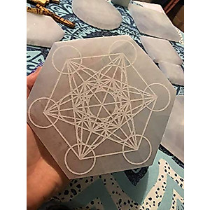 6" Hexagon Selenite Charging Plate, Metatrons Cube Grid, E1017, Sacred Geometry, Crystal Grid