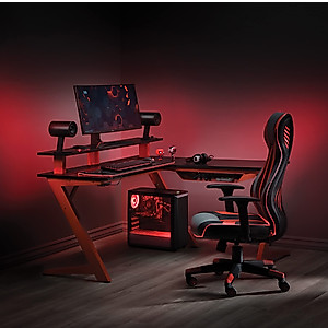OSP Home Furnishings Avatar Battlestation L-Shape Gaming Desk with Bluetooth RGB LED Lights and Carbon Fiber Surface, Red