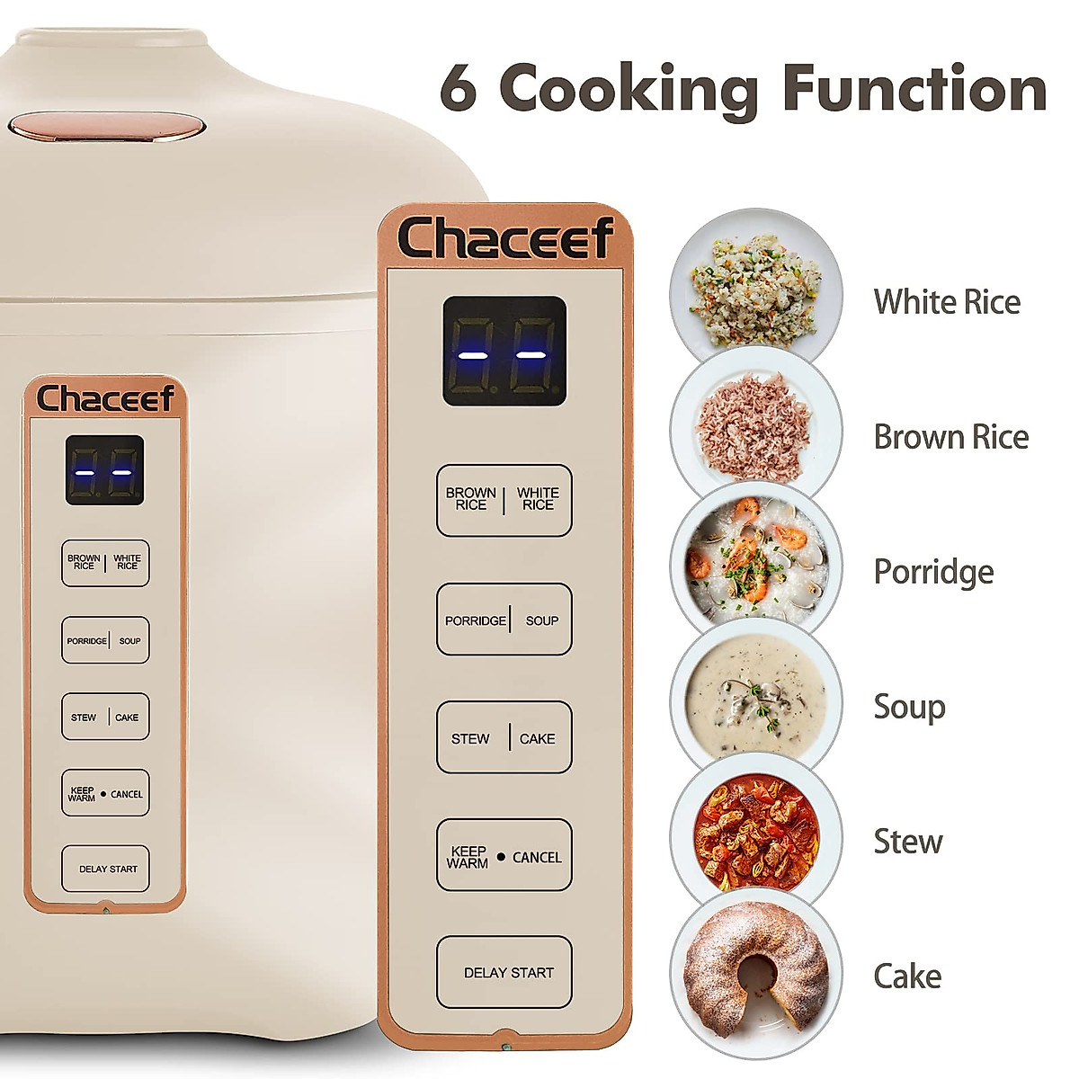 CHACEEF Mini Rice Cooker 2 Cups Uncooked, 1.2L Rice Cooker Small, Portable Non-Stick Small Travel Rice Maker, BPA Free, Smart Control Multifunction Cooker with 24 Hours Timer Delay & Keep Warm Function, Beige