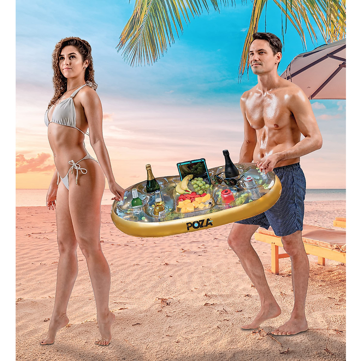 POZA Inflatable Gold Floating Cooler - Luxurious Drink Holder Filled with Sparkly Confetti, Premium Party Float with 8 Holders, Serving Bar for Beach, Lake, Hot Tub, Jacuzzi and Pool - 39x23 Inches