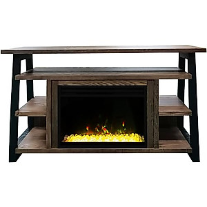 Cambridge Sawyer 53 Inch Freestanding Fireplace Mantel TV Stand with Storage Shelves and 1500 Watt Electric Heater Insert with Crystal Display, Multicolor Flames, Remote Control in Walnut/Black