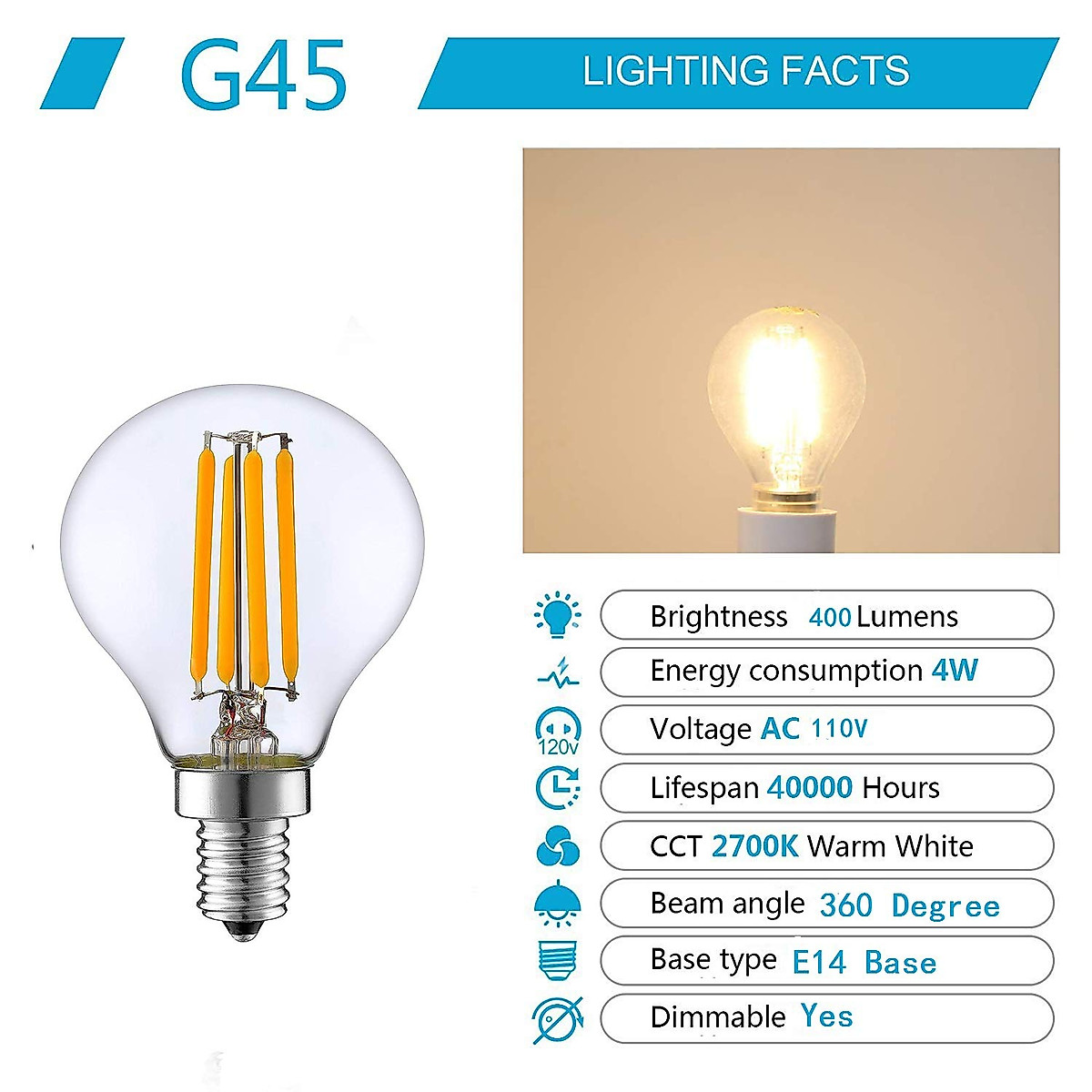 Lxcom Lighting E14 4W LED Filament Bulb Dimmable Vintage Edison Candle Light Bulb 4 Pack 2700K Warm White G45 Clear Glass Globe Lamp 400LM 40W Equivalent, AC 110V