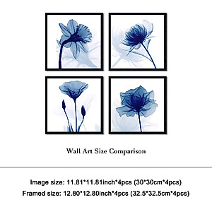 Pyradecor Black Framed Blue Flickering Flower Modern Abstract Paintings Canvas Wall Art Grace Floral Pictures on Canvas Prints 4 Panels Artwork for Bedroom Office Home Decorations