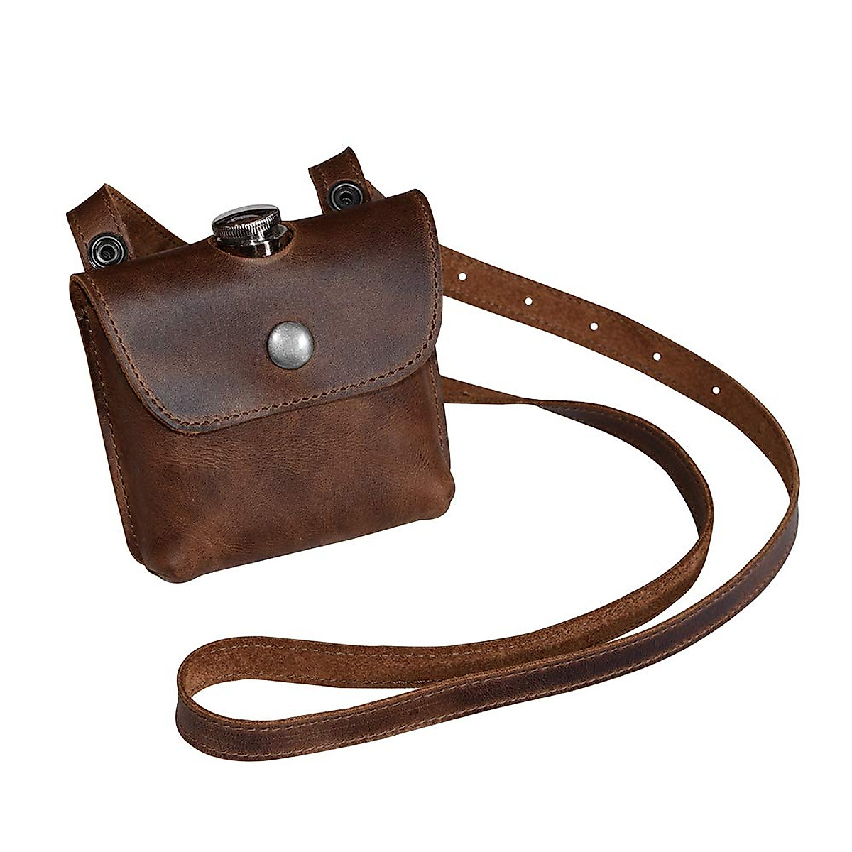 Hide & Drink, Liquor Flask Holder with Adjustable Strap (Bottle not Included) Travel Accessory, Full Grain Leather, Handmade, Bourbon Brown