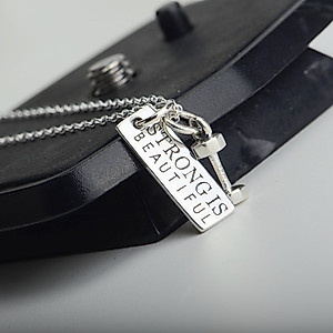 YFN Sterling Silver"Strong Is Beautiful" Engraved Dumbbell Barbell Gym Buff Pendant Necklace 18" (Strong is Beautiful Necklace)