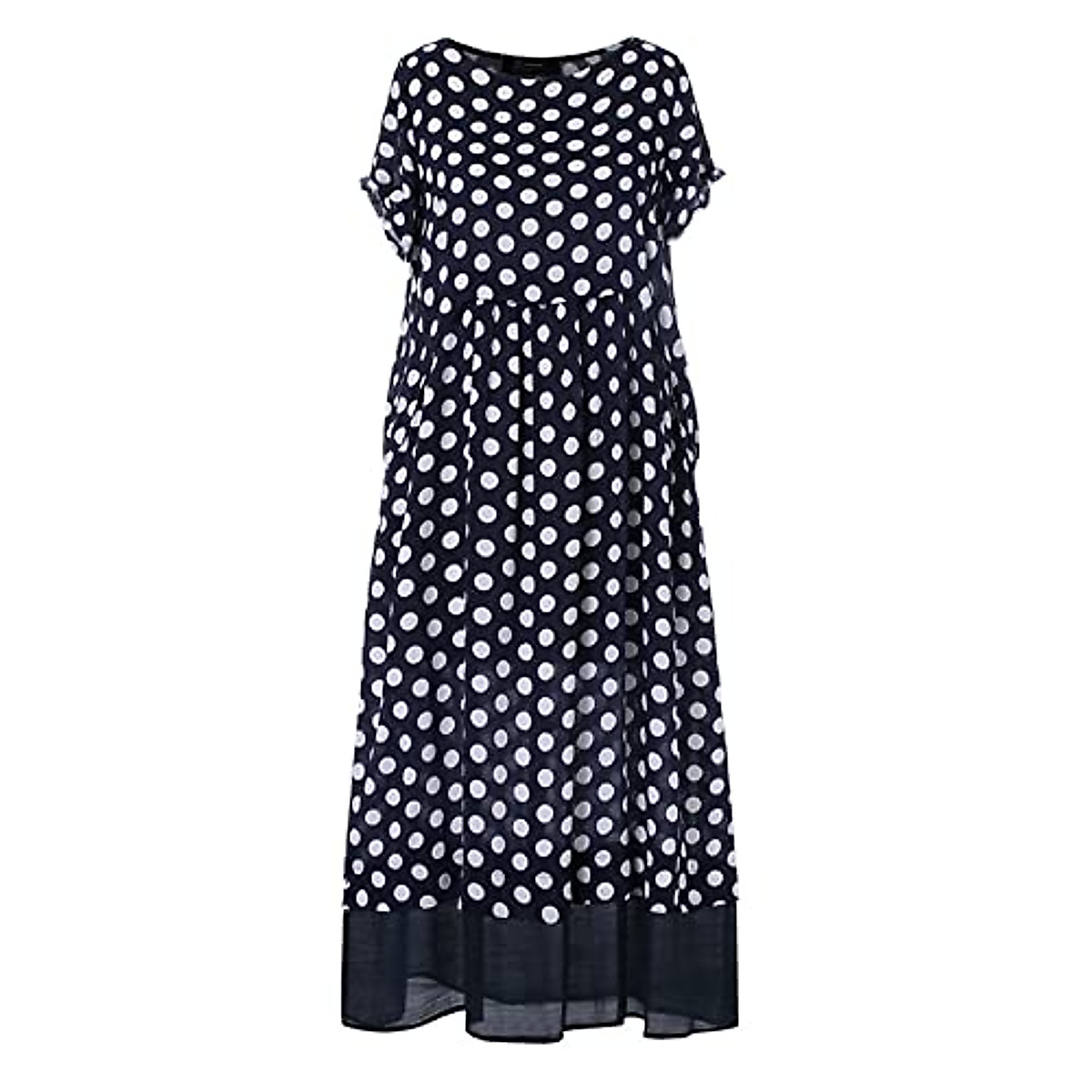 Women's Cotton Linen Dress Short Sleeve Maxi Casual Plus Size Tunic Dress with Pockets Two-Piece Dot Pattern Long Dress