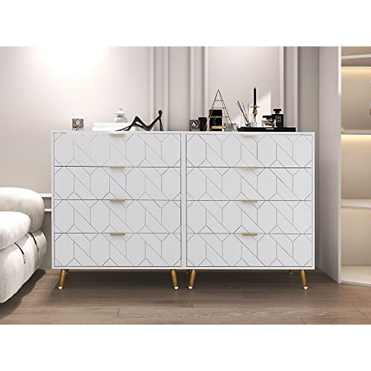 Pvillez 4 Drawer Dresser, Wood Drawer Chest, Tall Storage Dresser Cabinet Organizer Unit with Metal Legs, White Dresser for Bedroom, Living Room, Baby, Kids, Nursery, Closet Dresser, Night Stand