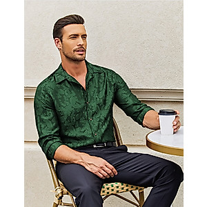 COOFANDY Mens Green Button Down Shirt Floral Jacquard Dress Shirts Long Sleeve Button Up Shirt Wedding Dress Shirts