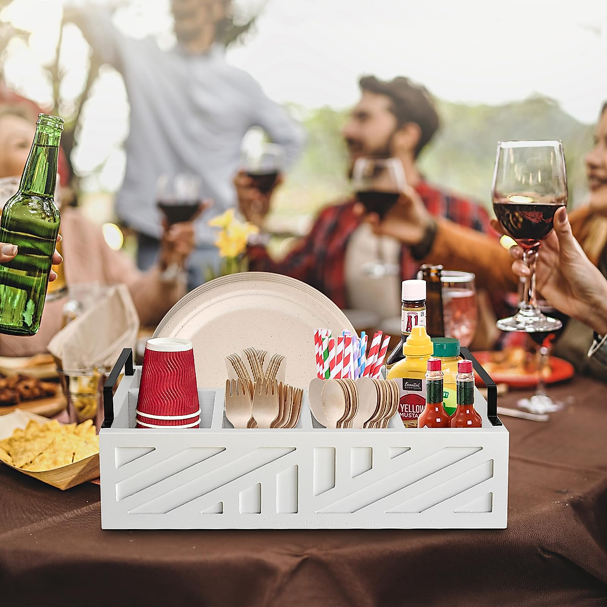 Ameuphercy Paper Plate Holder Utensil Caddy for Kitchen Counter，Paper Plate Dispenser with Large Cup Holder for Kitchen Counter, Paper Plate Organizer for Party,Wedding, BBQ(White-Carving)