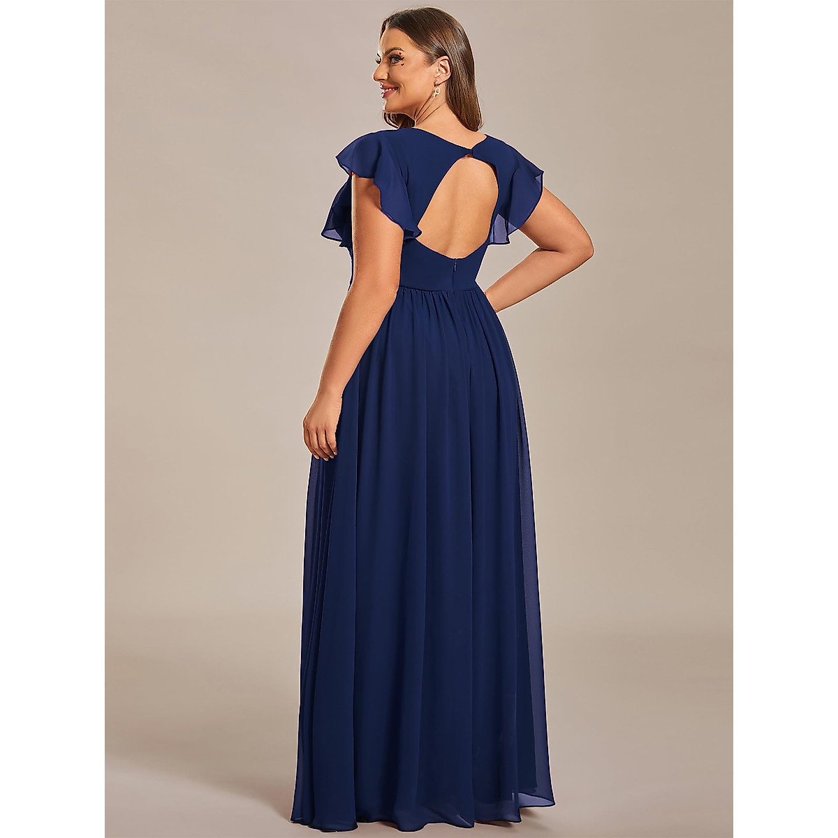 Ever-Pretty Women's Ruched V Neck A-Line Ruffles Sleeves Summer Maxi Plus Size Cocktail Dress Navy Blue US16