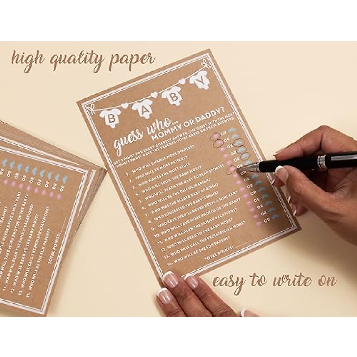 Party Hearty Baby Shower Games for Girl or Boy, 50 pcs Mommy or Daddy Guess Who Game, Fun Activity Cards, Gender Neutral, Baby Shower Ideas