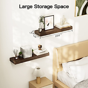 Amada HOMEFURNISHING Floating Shelves, 24 Inch Solid Pine Wall Shelves with Enhanced One-Piece Bracket for Living Room, Bathroom, Bedroom, Kitchen, Office Storage & Organization, Set of 2, Walnut