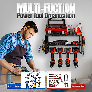 HomeBoo Power Tool Organizer, 4 Power Drill Holder Wall Mount, 3 Layers Heavy Duty Rack Metal Top Shelf, Garage Tool Organizer, Garage Storage Shelf, Father Day Gift