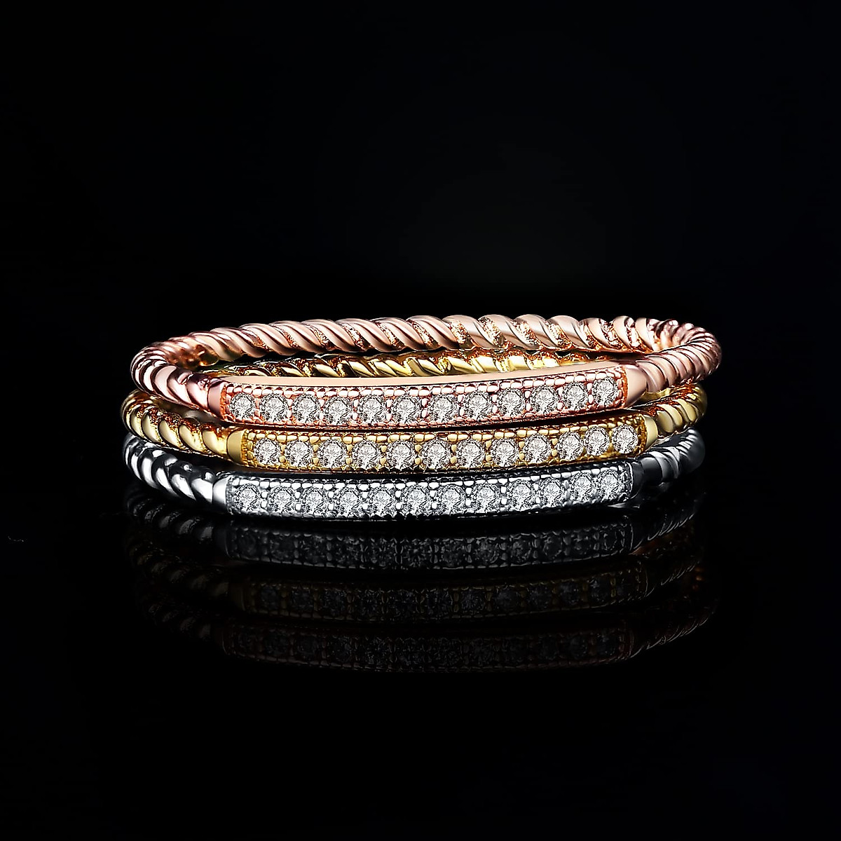 JewelryPalace 14K Yellow Rose Gold Plated 925 Sterling Silver Ring Sets, Twisted Rope Bar Cubic Zirconia Promise Rings for Her, 3pcs Simulated Diamond CZ Stackable Ring Eternity Bands for Women 10