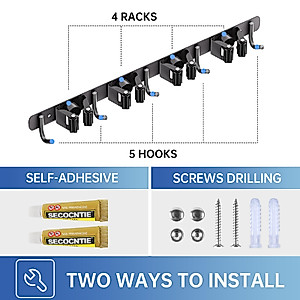 ZONGOOL 2 Pack Broom Holder Wall Mount, 4 Racks and 5 Hooks Mop Hanger Wall Mount Broom Organizer Stainless Steel Heavy Duty Garage Tool Racks for Home Kitchen Garden Laundry (Black)