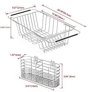 JAQ Small Dish Drying Rack in Sink Adjustable 14.96" to 20.59", Expandable 304 Stainless Steel Metal Dish Drainer Rack Organizer with Stainless Steel Utensil Holder Over Sink Counter (for 1-2 People)