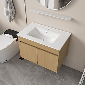 SSLine Modern 30" Floating Bathroom Vanity with Sink Wall Mounted Bathroom Vanity with Top Basin & Storage Cabinet Wood Hanging Vanity w/Ceramic Sink for Small Bath Powder Room (Light Oak)