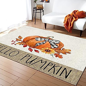OComster Thanksgiving Rectangle Shape Large Area Rugs - 4 x 6 Feet Fall Hellow Pumpkin Bow Orange Burlap - (Non-Woven + Rubber) Low File Floor Mat
