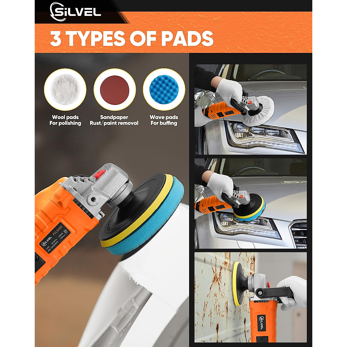 SILVEL Buffer Polisher, 1600W 7 Inch/6 Inch Polisher for Car Detailing, Wax Machine, 7 Variable Speed, with 6 Foam Pads, 3 Wool Pads, Packaging Bag, for Boat Polishing and Waxing