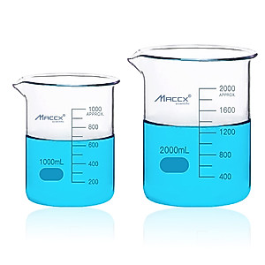 Maccx Sturdy Glass Beakers, 2 Sizes of 1000ml 2000ml,3.3 Borosilicate Griffin Low Form with Printed Graduation, BKLS06-002