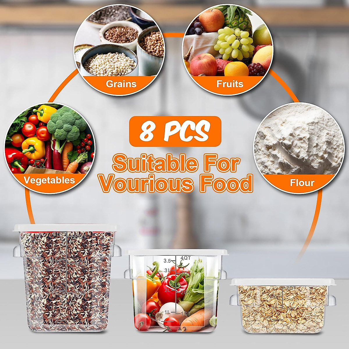 Suclain 6 Pcs Square Food Storage Container with Lid Set 2Qt 4Qt 6Qt Clear Commercial Container with Scales Handles for Home Restaurant Kitchen Proof Dough Marinating Meat, Polycarbonate(White)