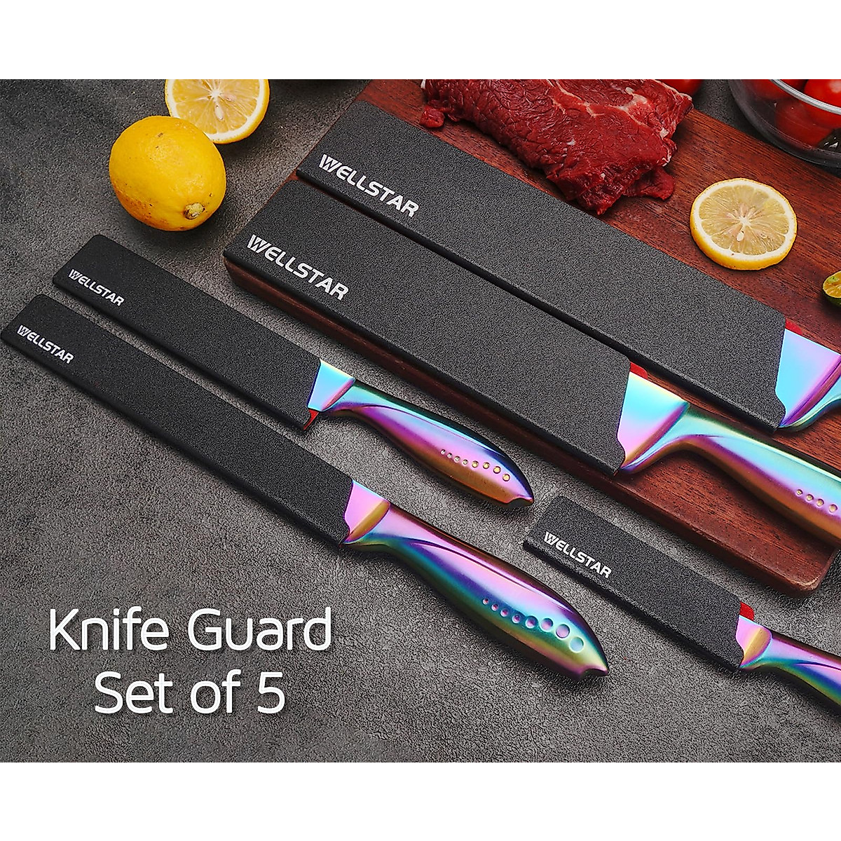 WELLSTAR Knife Edge Guards Set, 5 Piece Universal Blade Covers, BPA Free ABS Protective Blade Sheaths, Non-Scratch Felt Lining Kitchen Knives Covers (Knives not included)