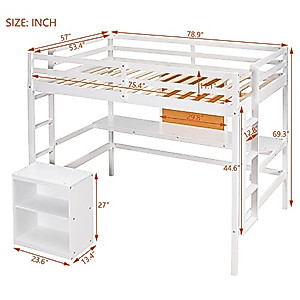 Lifeand Full Size Loft Bed with Desk and Writing Board, Wooden Loft Bed with Desk & 2 Drawers Cabinet,White
