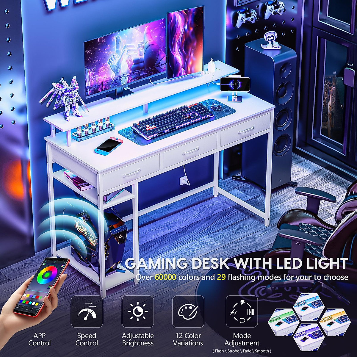 WASAGUN Computer Desk with Drawers and Storage Shelves, Home Office Desk with LED Lights & Power Outlets, Gaming Desk with Monitor Stand, Writing Study Desk, Kids Small Desk for Bedroom, White