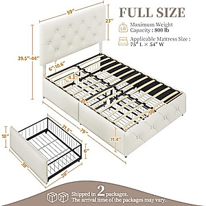 Yaheetech Full Upholstered Bed Frame with 4 Storage Drawers and Adjustable Headboard, Faux Leather Platform Bed Frame with Mattress Foundation, Strong Wooden Slats Support, No Box Spring Needed, Beige