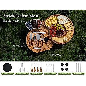 Dofira Nautilus Cheese Board and 4 Knife Set, Acacia Wood Large Round Charcuterie Board Kit with Slate Platter & Ceramic Bowls, Kitchen Gift Set for Housewarming, Bridal Shower, Wedding, Anniversary