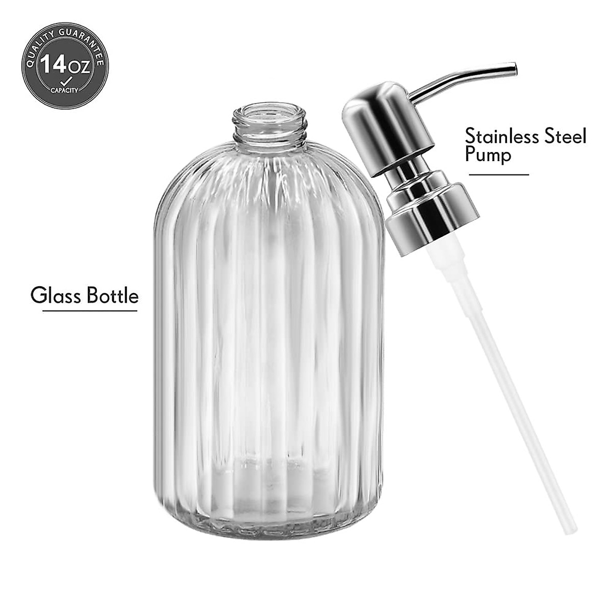 Soap Dispenser - 2 Pack 14 Oz Glass Soap Dispenser with Rust Proof Stainless Steel Pump, Refillable Liquid Bottle Dispenser, Premium Hand Jar Dispenser for Bathroom, Kitchen, Countertop (Transparent)