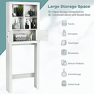 Tangkula Over The Toilet Storage Cabinet, Bathroom Space Saver Organizer w/4 Open Shelves, 2-Door Cabinet & Adjustable Shelves, Above Toilet Stand w/Anti-Tilt Device, Freestanding Toilet Rack (White)
