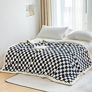 LOMAO Sherpa Throw Blanket Fleece Blanket with Checkered Pattern Soft Thick Blanket for Couch, Bed, Sofa Luxurious Warm and Cozy for All Seasons (Black, 51"x63")